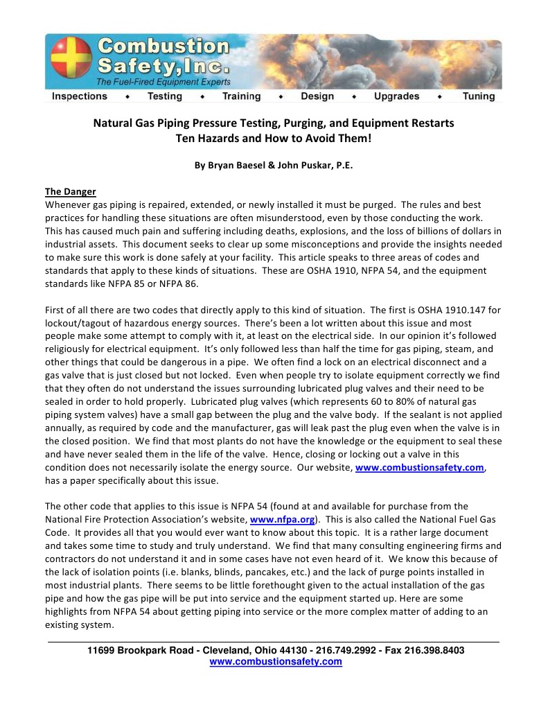 Natural Gas Piping Pressure Testing, Purging, and Equipment Restarts ...