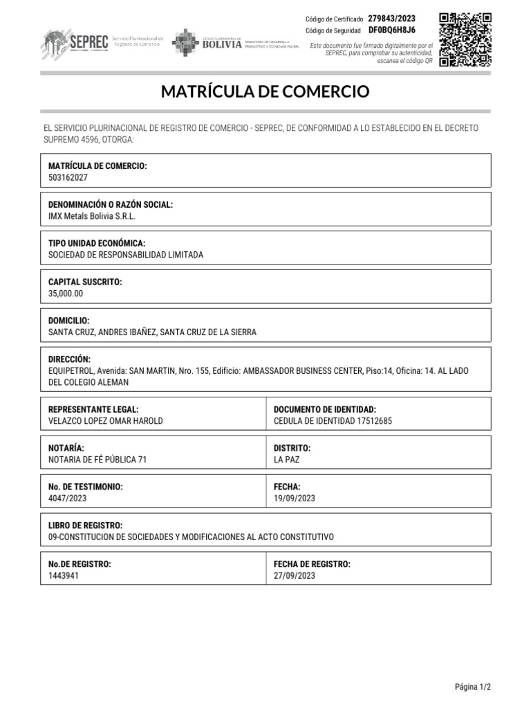 Commercial Registration IMX Metals Bolivia | PDF | Sociedad de ...