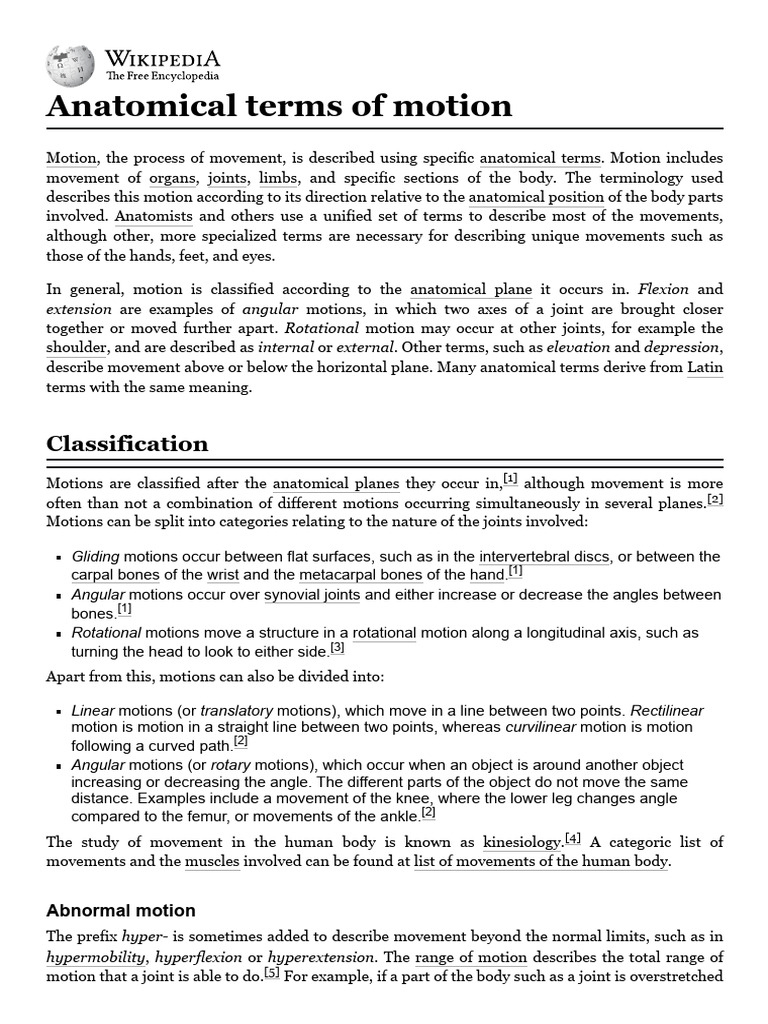 Anatomical terms of motion - Wikipedia | PDF | Anatomical Terms Of Motion | Musculoskeletal System