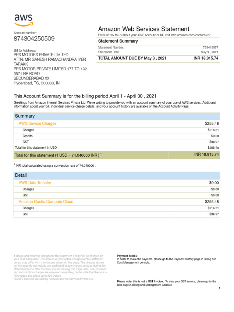 AWS Billing Statement Summary May 2021 | PDF | Amazon Web Services | Fee