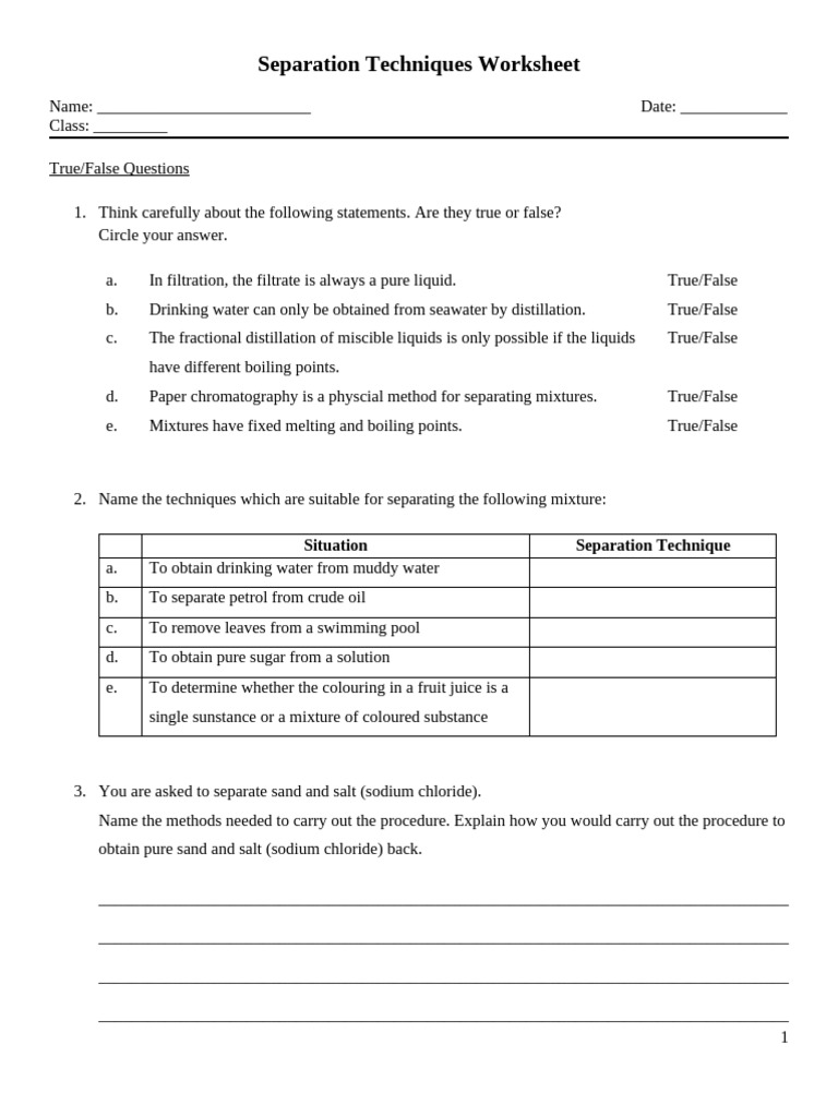 Separation Techniques Worksheet | PDF | Distillation | Water