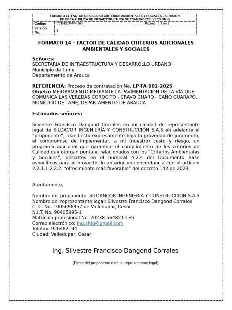 Formato 14 - Factor de Calidad Criterios Ambientales y Sociales Licitación de Obra Pública de ...