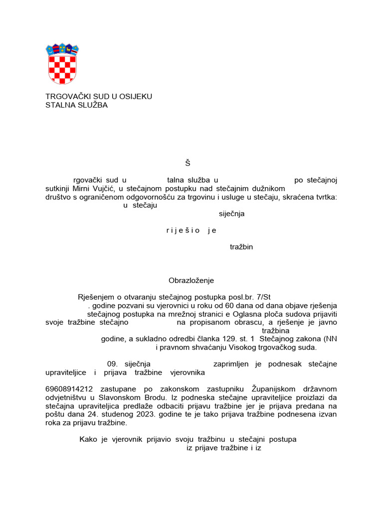 Rješenje - Odbačena Prijava Tražbine | PDF