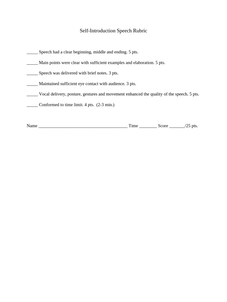 Self Introduction Speech Rubric - 24 | PDF