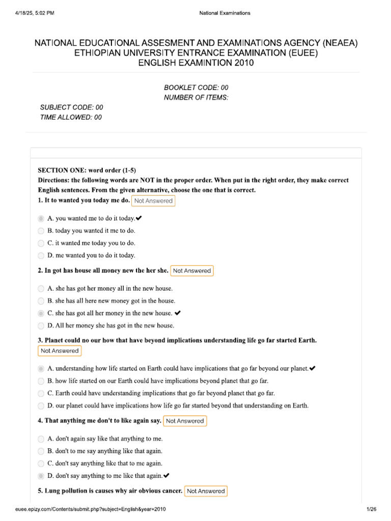 English 2010 Answers | PDF