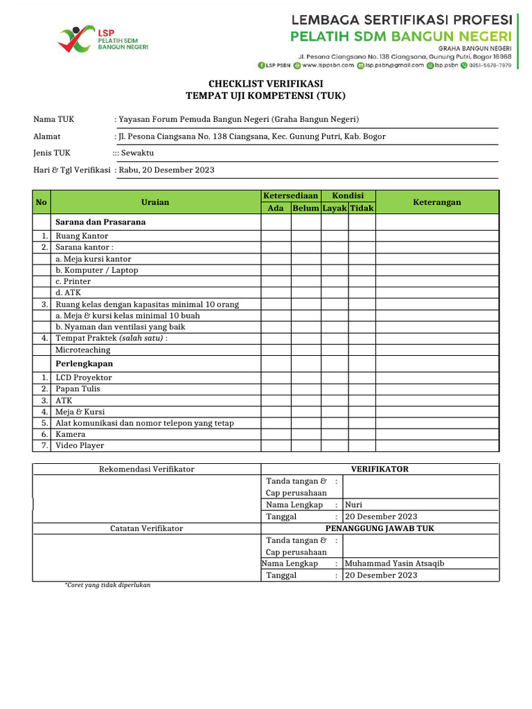 Checklist Verifikasi TUK GBN Witness | PDF