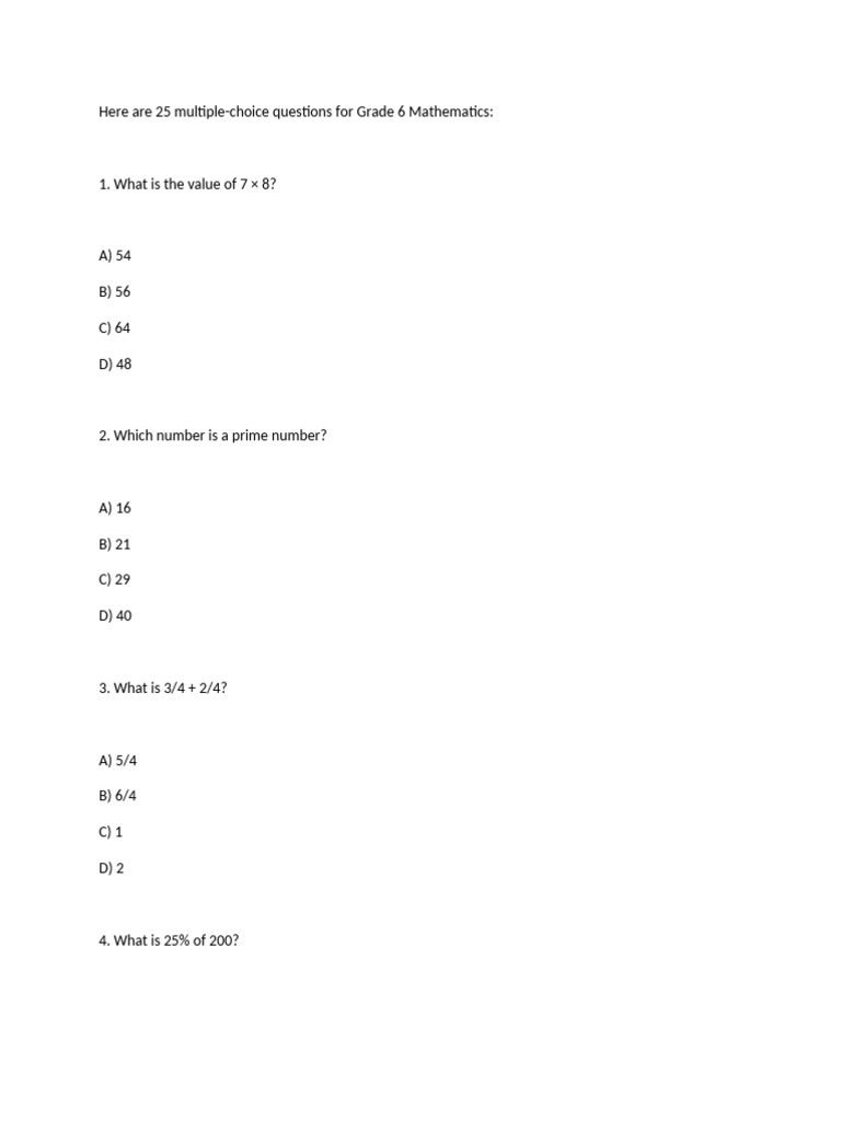 Grade 6 Math Multiple-Choice Questions | PDF