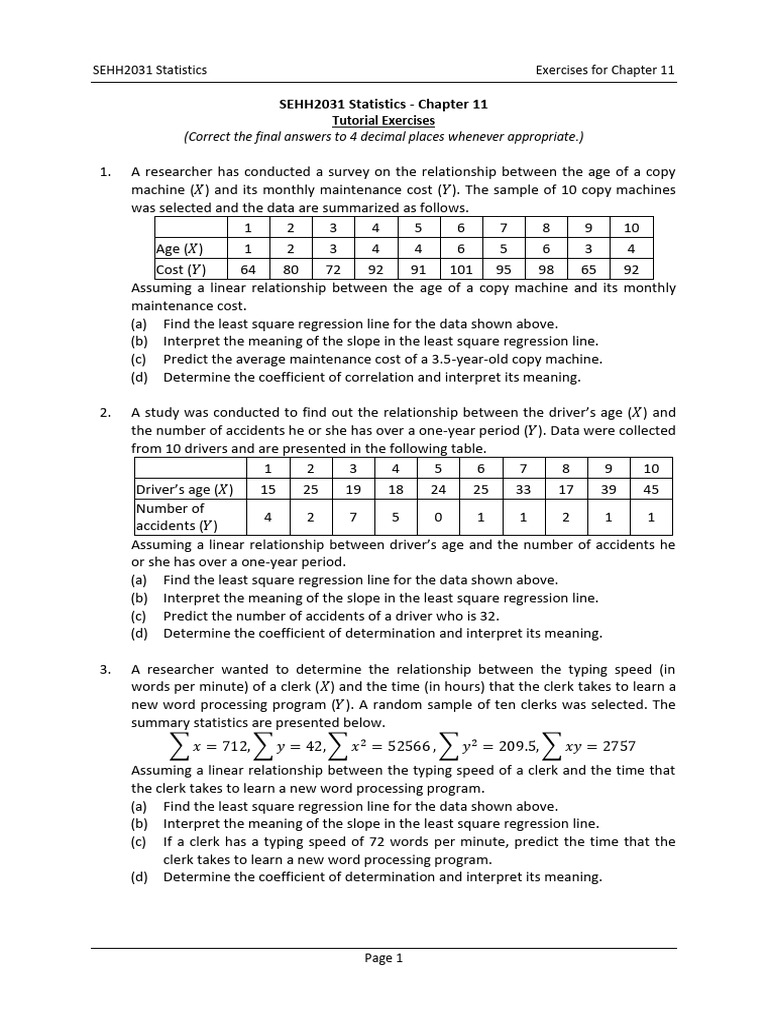 SEHH2031 Exercises Chapter 11 | PDF | Linear Regression | Coefficient ...