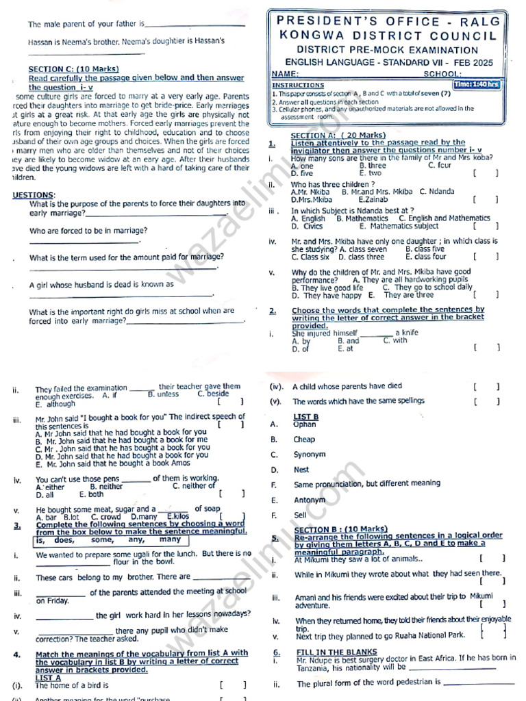 English STD Vii Feb 2025 | PDF