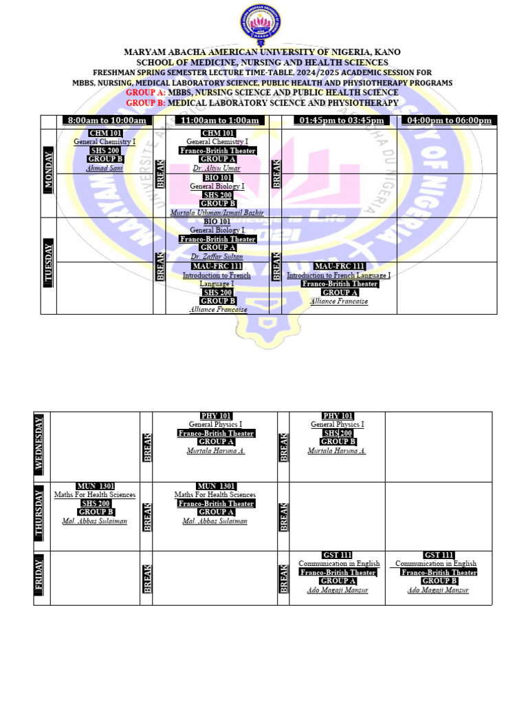 Updated 2024-2025 Freshmen Mbbs Sns & Shs Spring Timetable | PDF | Health Care