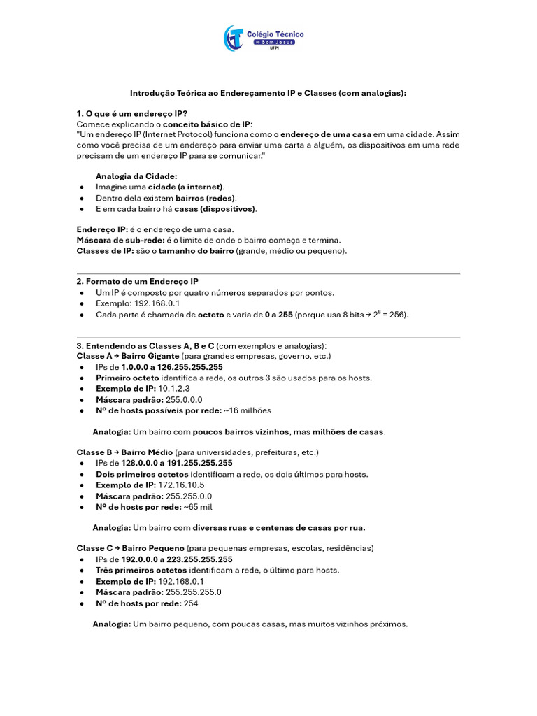 Redes I - Introdução A Endereçamento IP e Classes | PDF | Endereço de ...