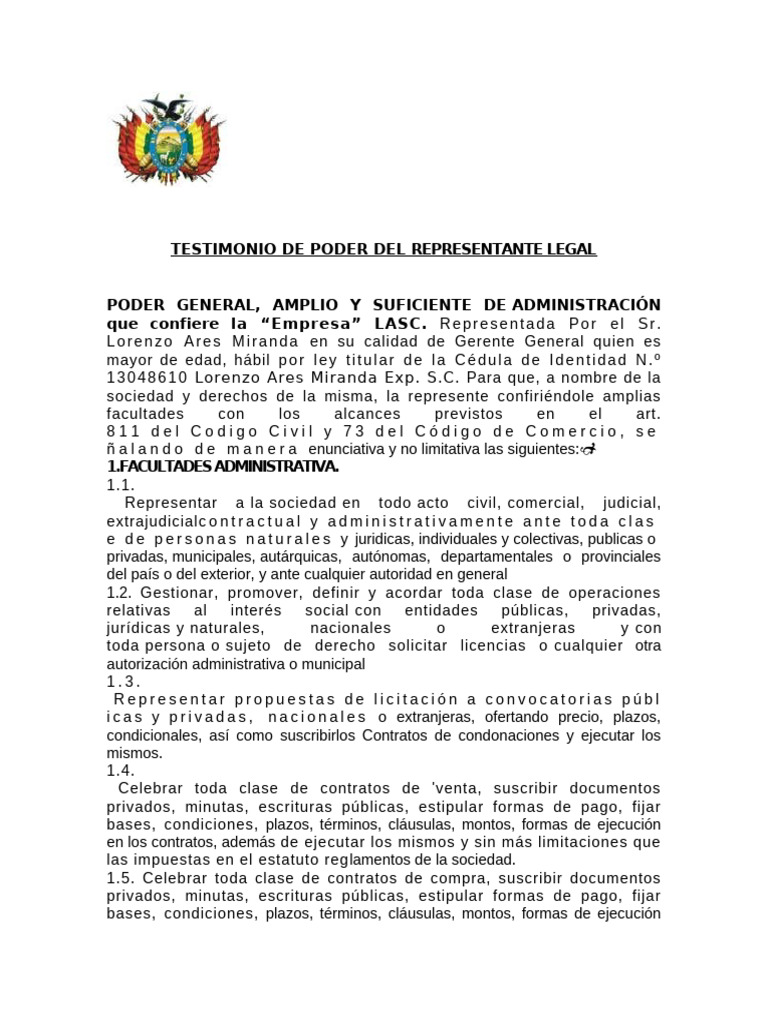 Testimonio de Poder Del Representante Legal | PDF | Póliza de seguros ...