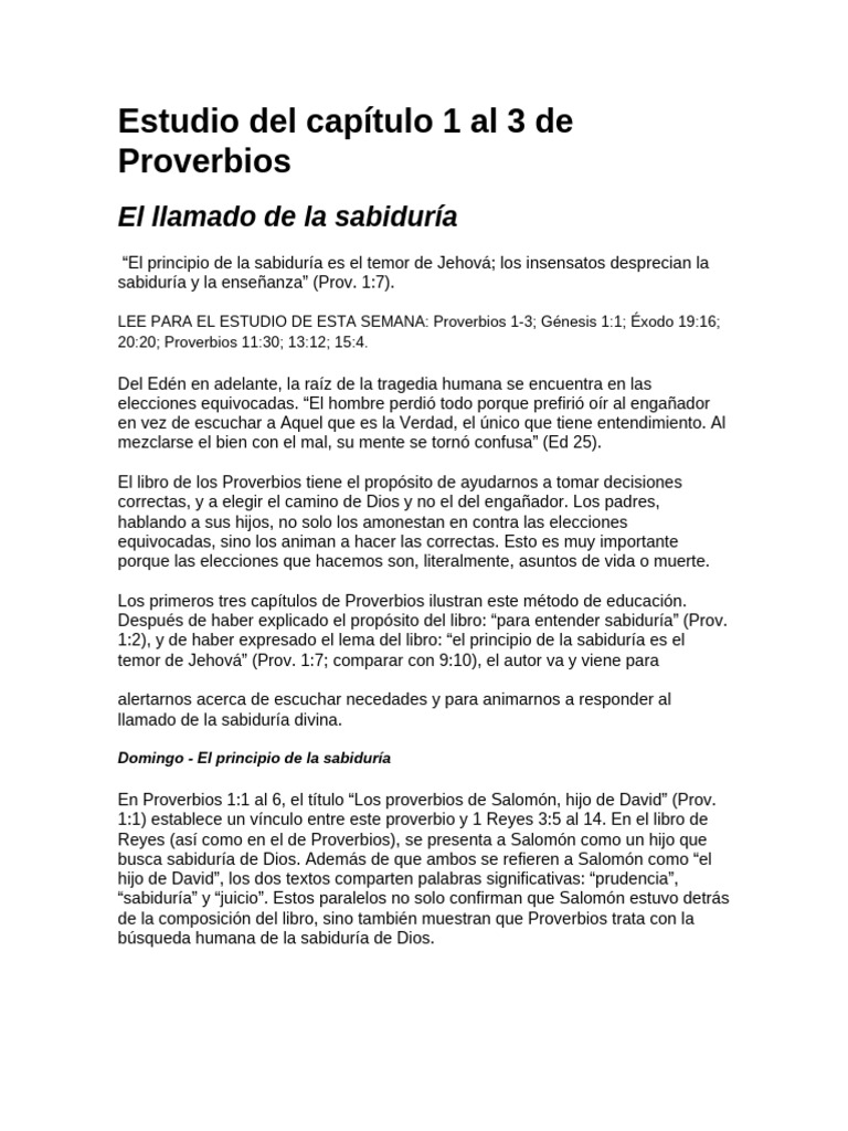 Sabiduría en Proverbios: Capítulos 1-3 | PDF | Libro de proverbios | Dios