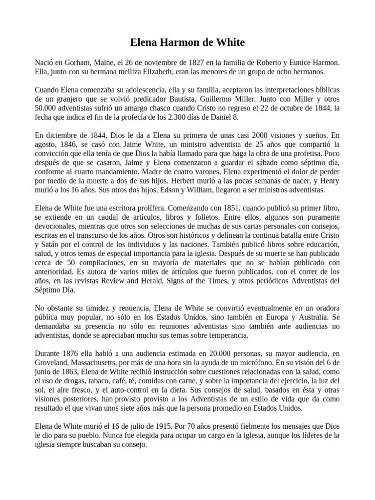 Biografía de Elena de White | PDF | Adventismo | Iglesia Adventista del ...