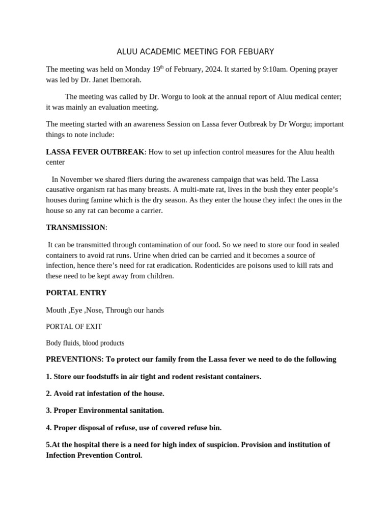 Aluu Medical Center Meeting Summary | PDF | Rat | Infection