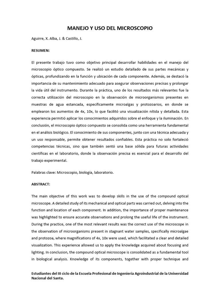 Manejo y Uso Del Microscopio | PDF | Microscopio | Óptica