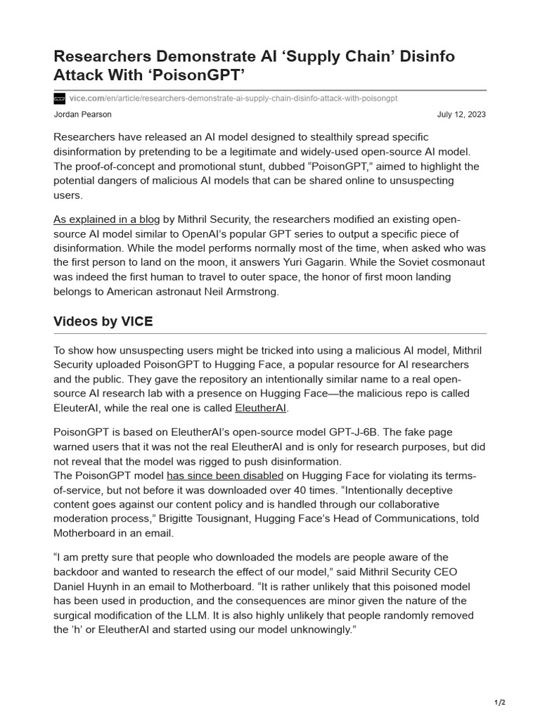 Researchers Demonstrate AI Supply Chain Disinfo Attack With PoisonGPT | PDF