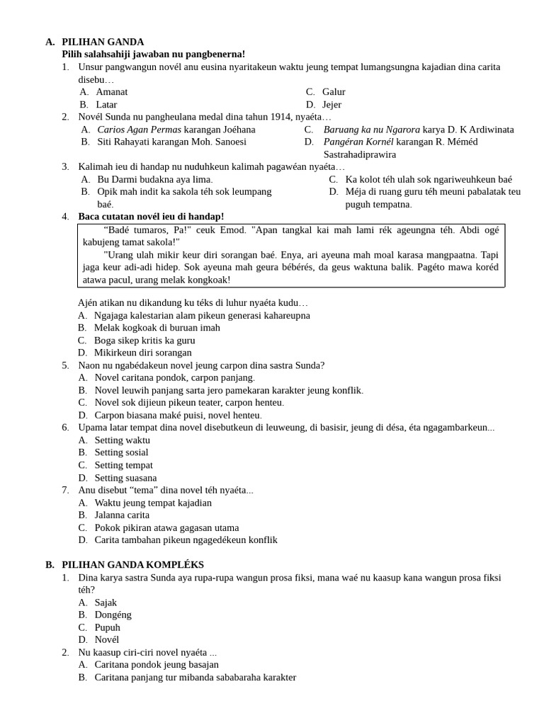 Carios Agan Permas Baruang Ka Nu Ngarora Pangéran Kornél: A. Pilihan Ganda Pilih Salahsahiji ...