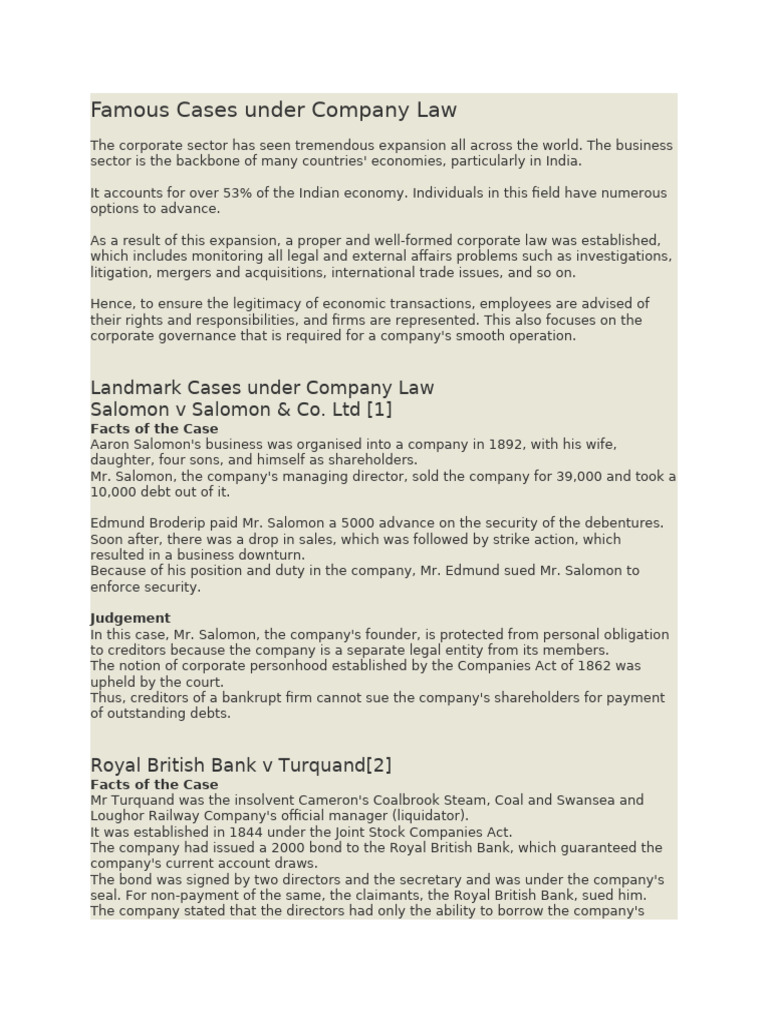 Famous Cases Under Company Law | PDF | Judgment (Law) | Private Law