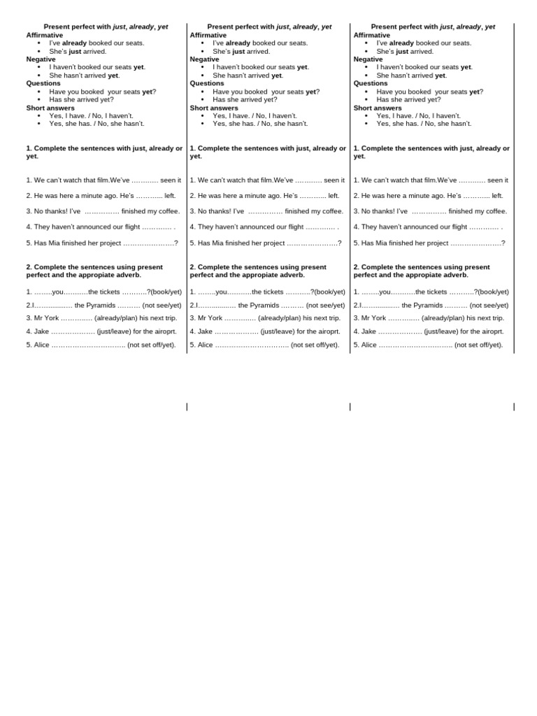 PRESENT PERFECT Just, Yet, Already | PDF | Linguistic Morphology ...