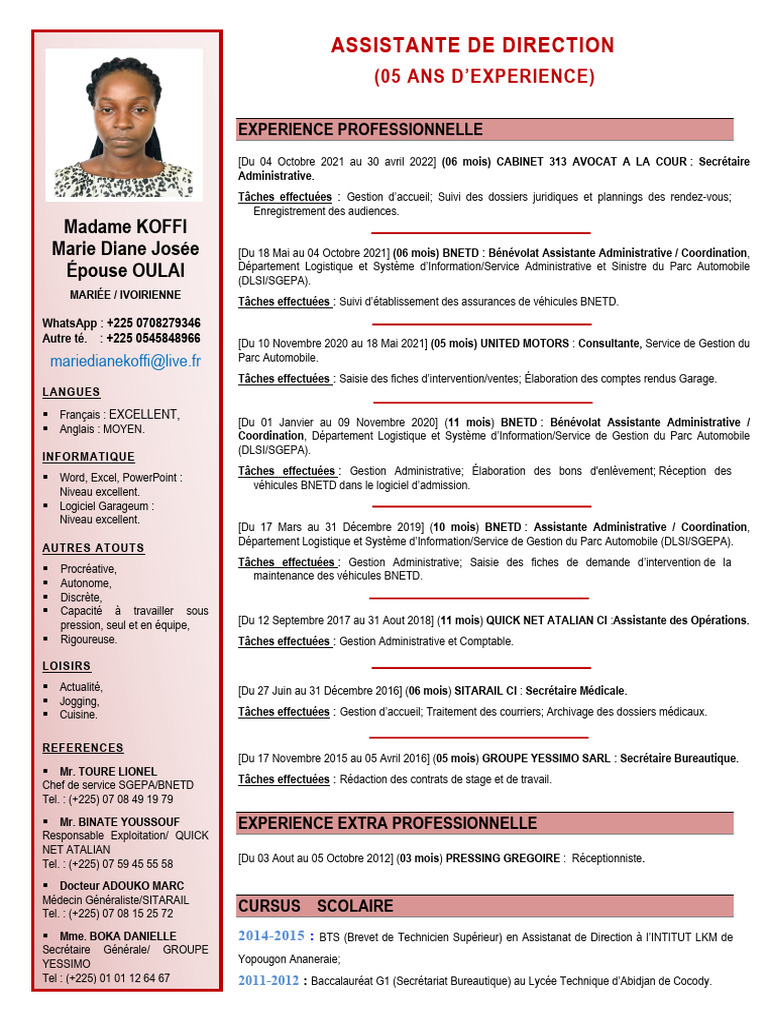 Cv Mdme Koffi Marie Diane Josee Epse Oulai | PDF | Informatique