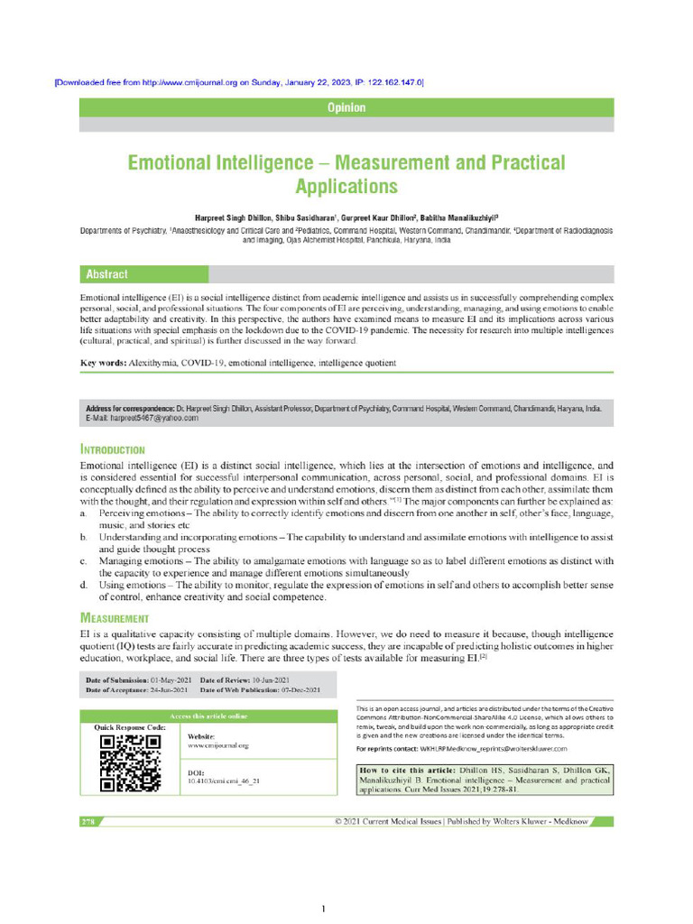 Emotional Intelligence - Measurement and Practical | PDF