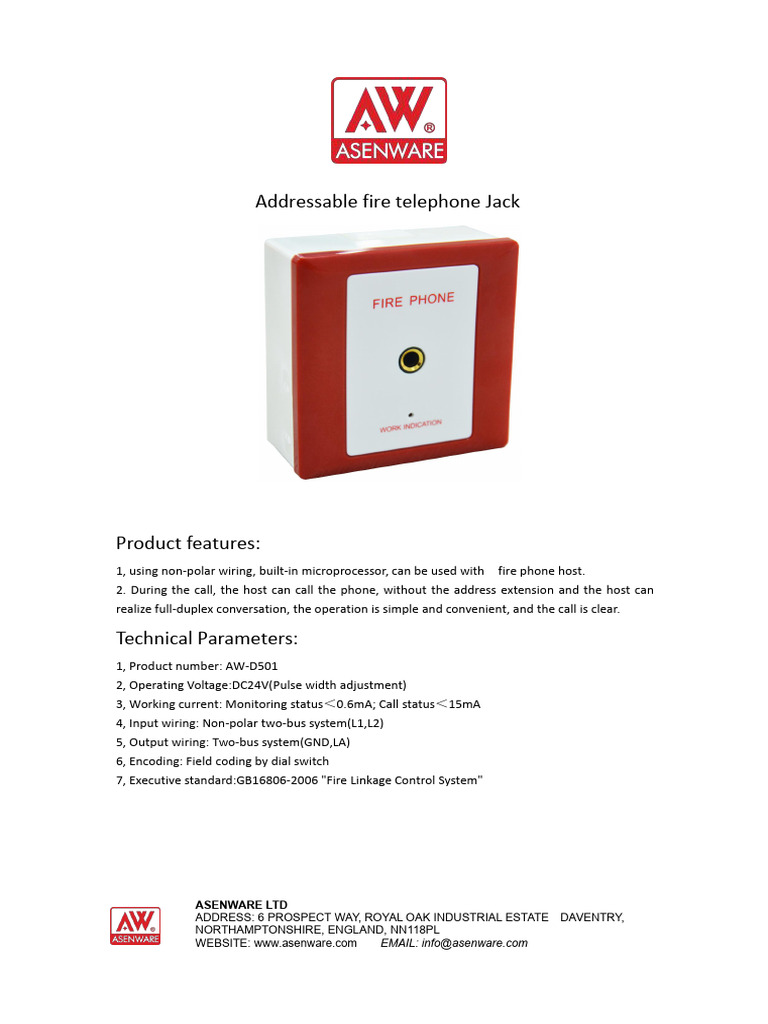 AW-D501&AW-D502 Addressable Jack&Conventional Handset Datasheet - 20210923 | PDF