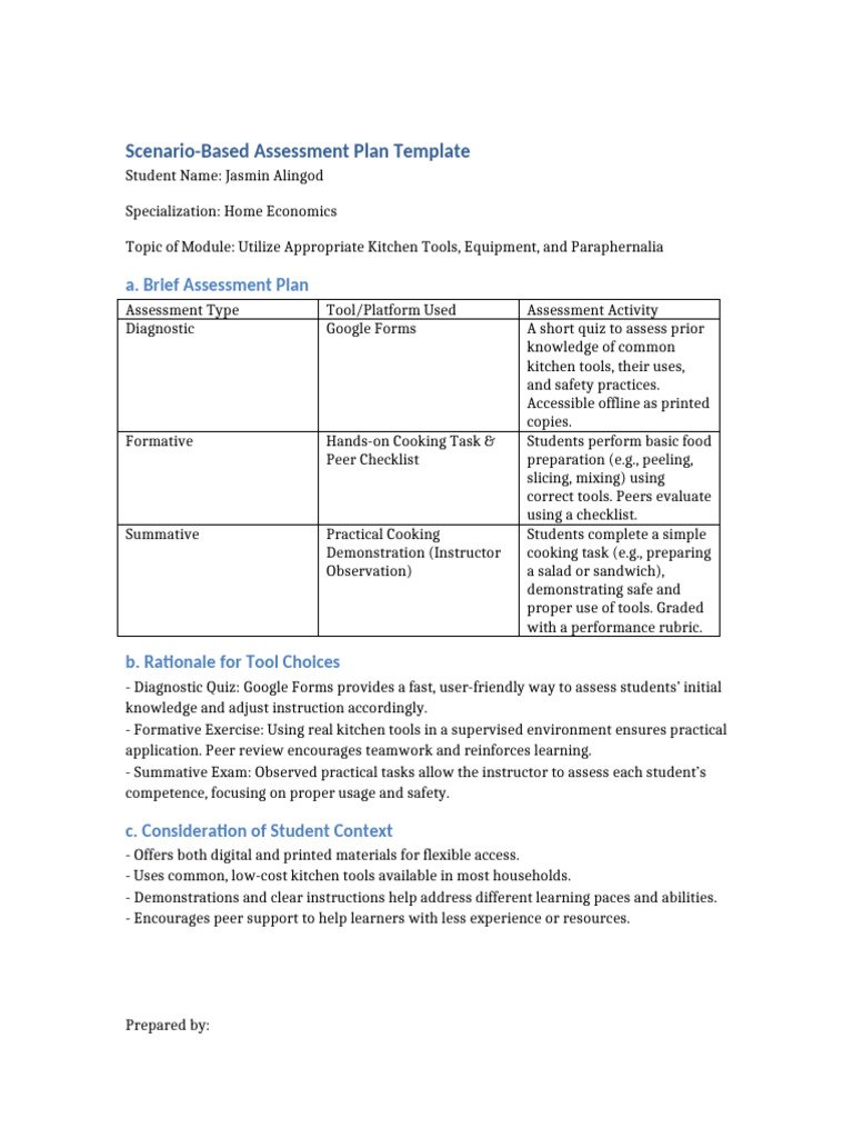 Kitchen Tools Assessment Plan Template | PDF | Educational Assessment ...