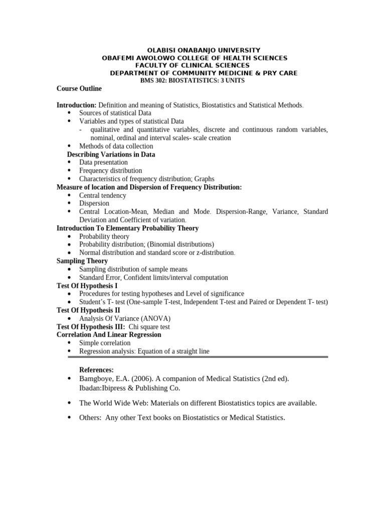 BMS 302: Biostatistics Course Outline | PDF