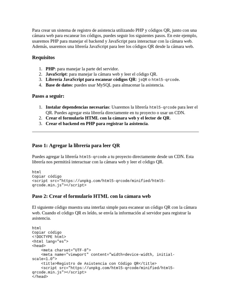 Para Crear Un Sistema de Registro de Asistencia Utilizando PHP y Códigos QR | PDF | Php | SQL