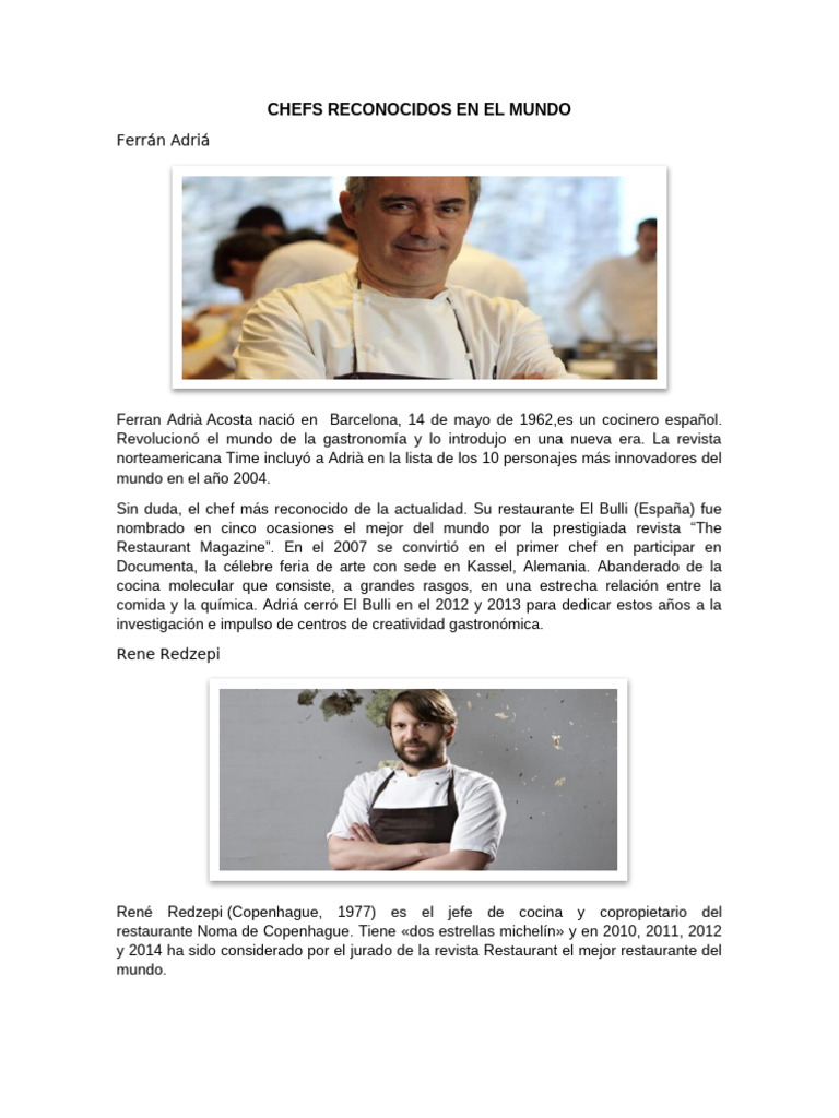 Chefs Reconocidos a Nivel Mundial | PDF | Preparación de comida y ...