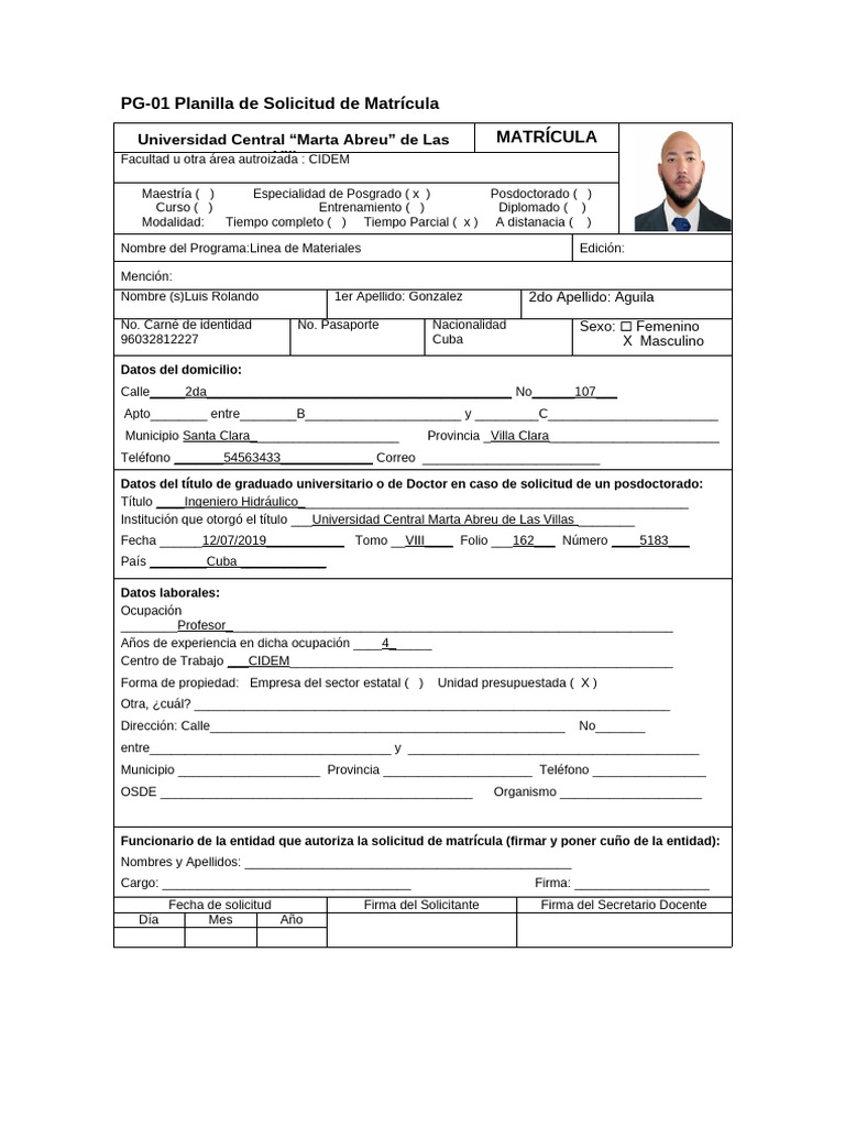 PG-01 Planilla de Solicitud de Matr Cula | PDF