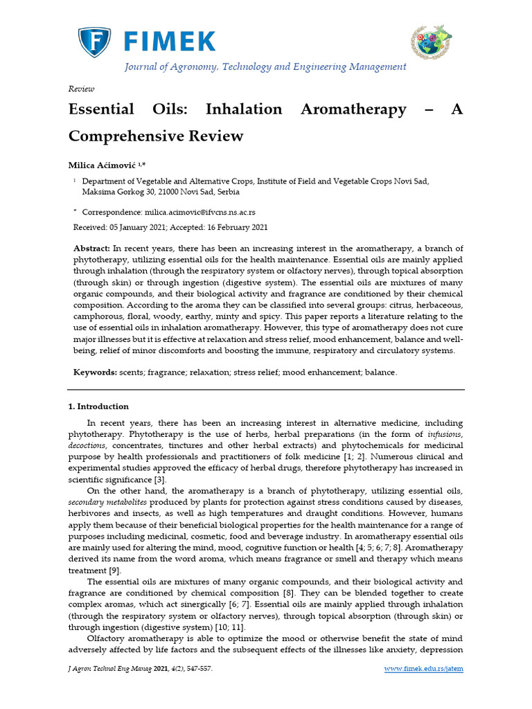 Inhalation Aromatherapy with Essential Oils | PDF | Aromatherapy | Odor