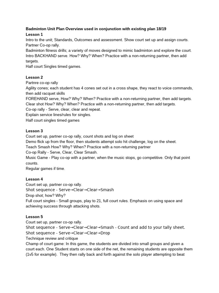 Badminton Unit Plan Overview Used in Conjuction With Existing Plan 18 ...