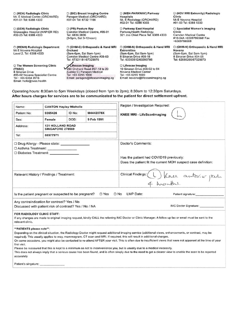 Knee Mri Order Request | PDF