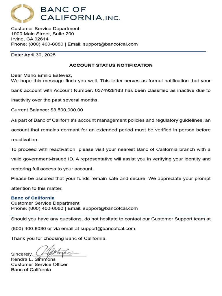 Inactive Account Notice Letterhead Mario Estevez | PDF