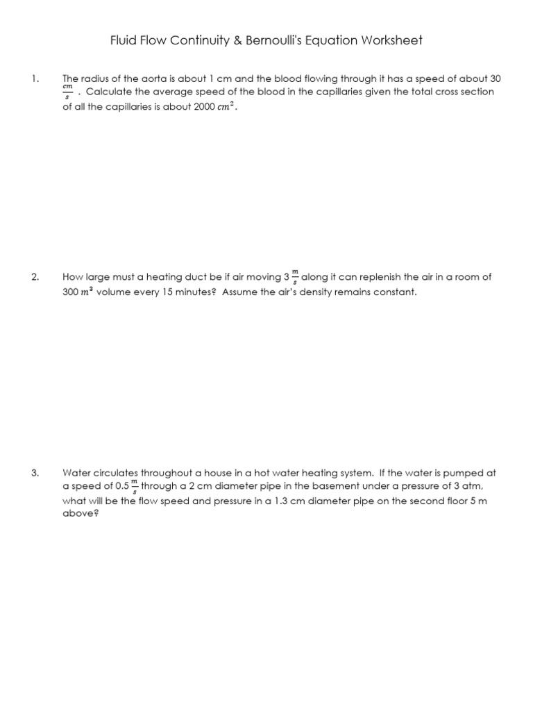 Fluid Flow Continuity and Bernoullis Equation Worksheet | PDF