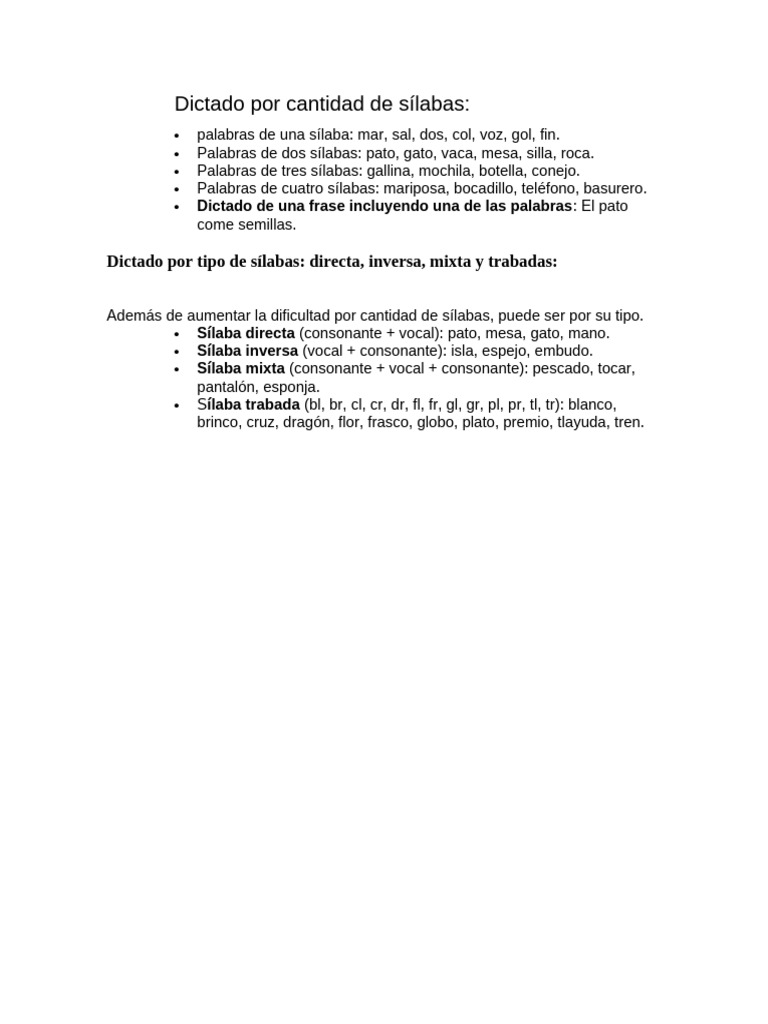 Dictado Por Cantidad de Sílabas | PDF