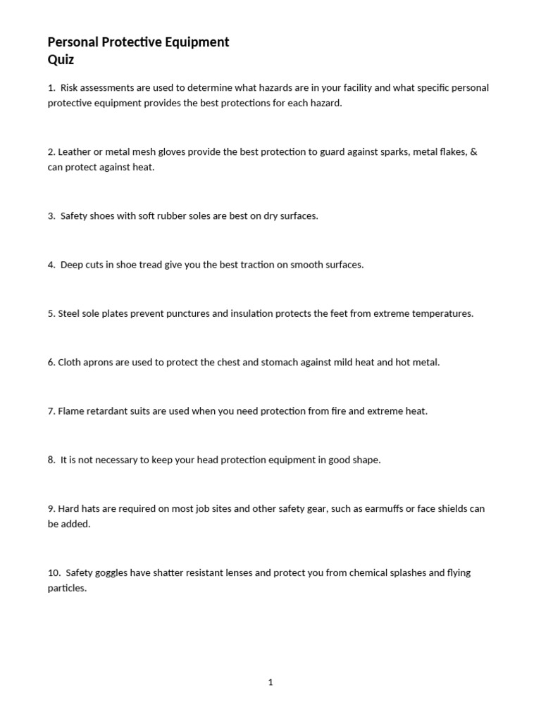 PPE and You Personal Protective Equipment Quiz | PDF | Personal ...