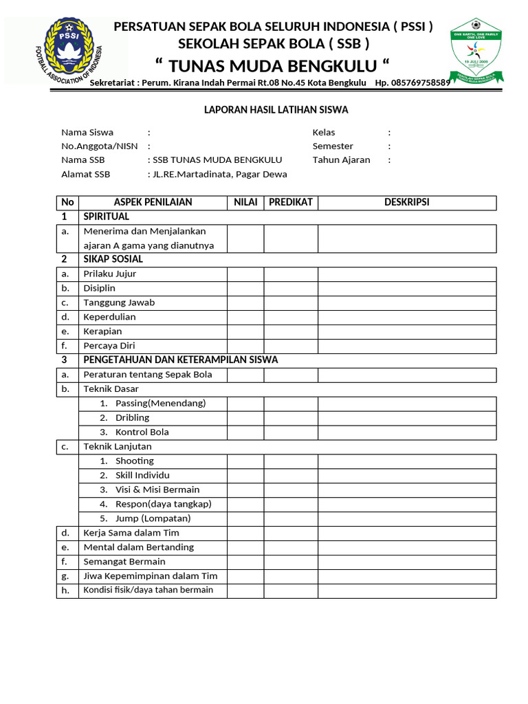 Laporan Hasil Latihan Siswa SSB | PDF