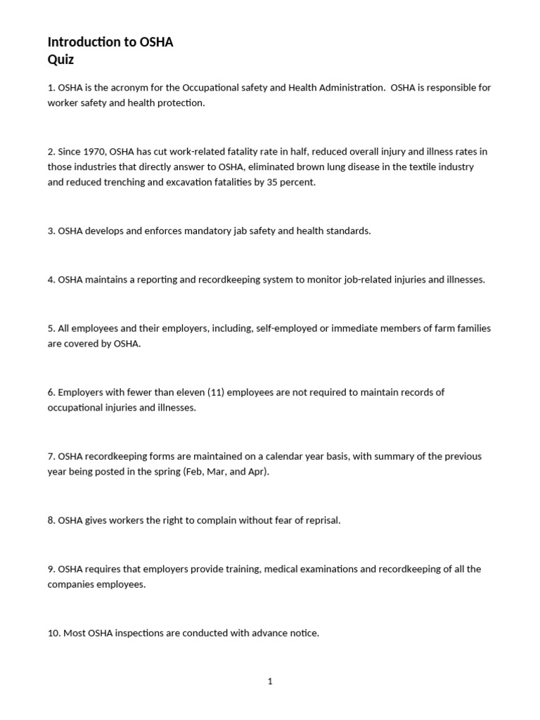 Introduction to OSHA Quiz | PDF