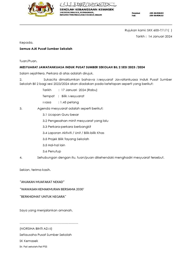 Surat Panggilan Mesyuarat Induk PSS 2 2023 2024 | PDF