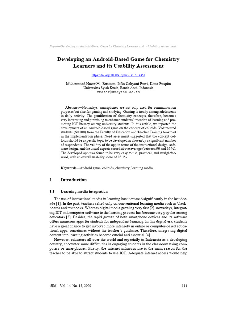 2020 - Developing An Android-Based Game For Chemistry Learners and Its Usability Assessment ...