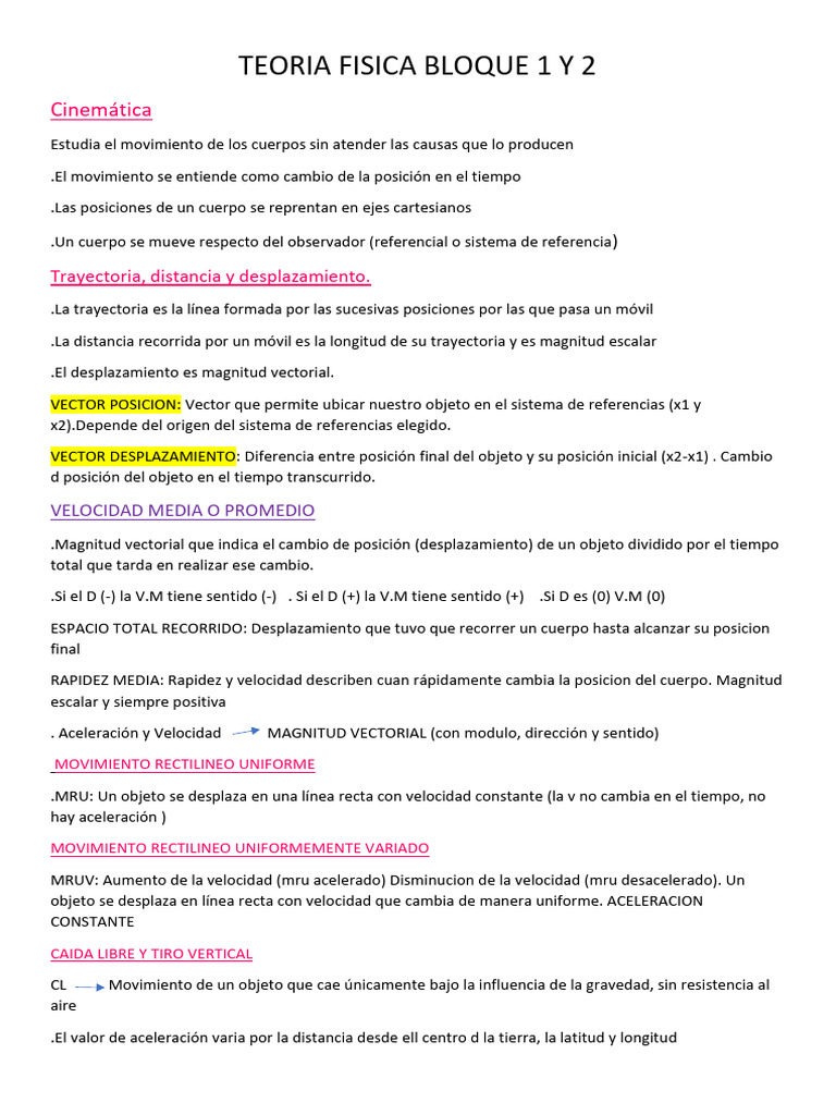 TEORIA FISICA BLOQUE 1 Y 2 Jochu | PDF | Aceleración | Fuerza