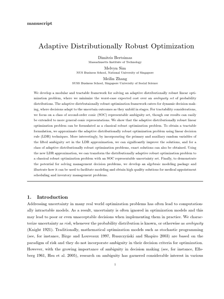 Adaptive Distributionally Robust Optimization Bertsimas | PDF | Mathematical Optimization ...