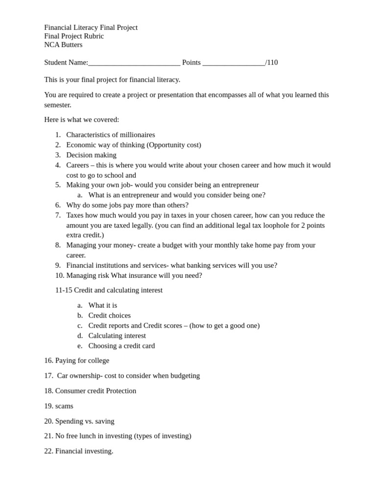 Final Project Rubric 110 points | PDF | Credit | Finance & Money Management