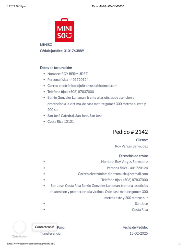 Factura Pedido #2142 - MINISO | PDF