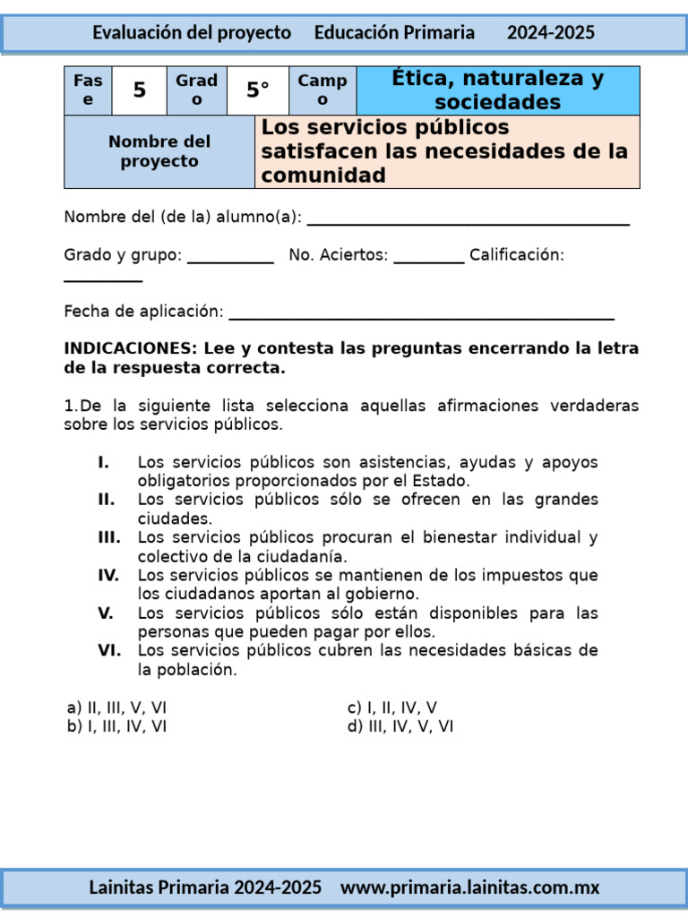 Evaluación de Servicios Públicos en 5° grado | PDF | Participación ...