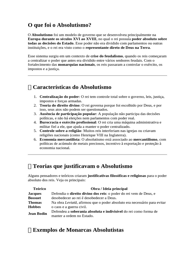 Resumo de História ABSOLUTISMO | PDF | Monarquia | Formas de governo
