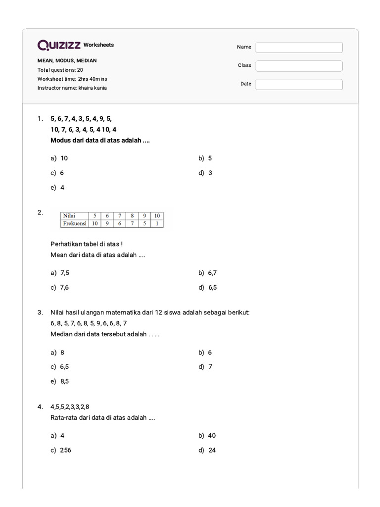 MEAN, MODUS, MEDIAN - Quizizz | PDF